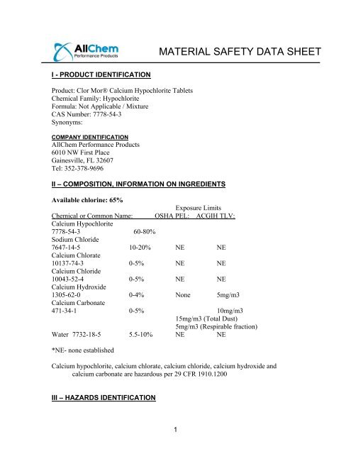 MSDS - PROtech Pool Supplies 1-888-251-5067