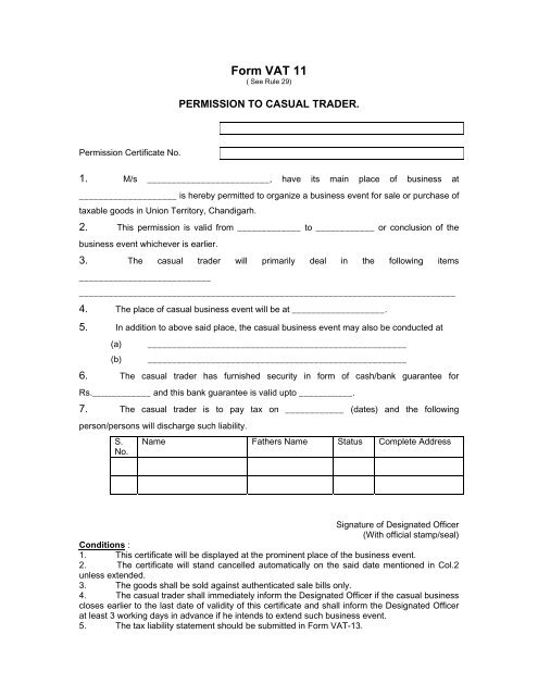 Form VAT 11 - Chandigarh