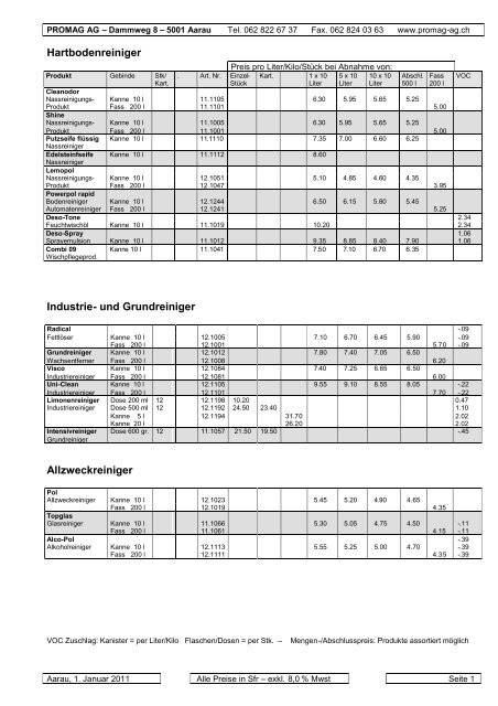 Preisliste Reinigungsprodukte - Promag AG