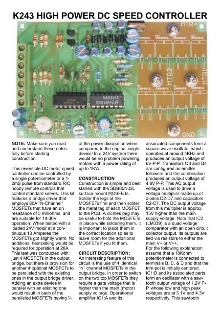 K243 HIGH POWER DC SPEED CONTROLLER - Oatley Electronics