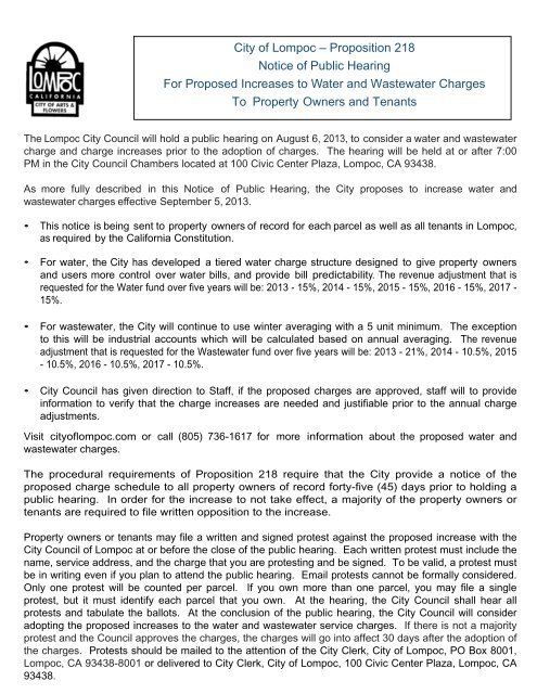 Proposition 218 Notice of Public Hearing For Proposed Increases to ...