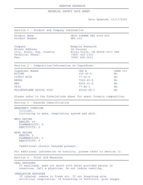 Grid Screen PEG 6000 HR2-213 MSDS - Hampton Research