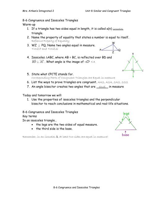 8-6 Congruence and Isosceles Triangles notes