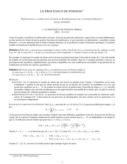 LE PROCESSUS DE POISSON Nt = â - ENS de Cachan - Antenne ...