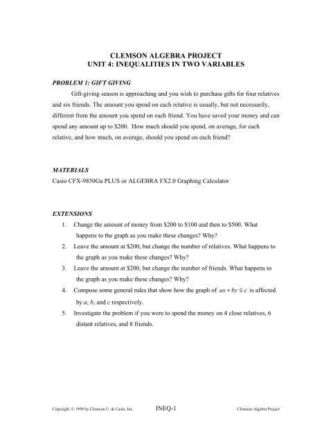 clemson algebra project unit 4: inequalities in two variables - Casio