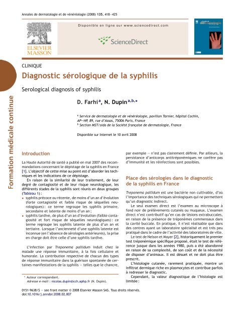 Diagnostic sÃ©rologique de la syphilis