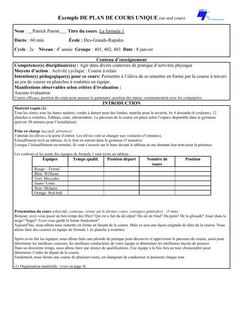 Exemple DE PLAN DE COURS UNIQUE (un seul cours)