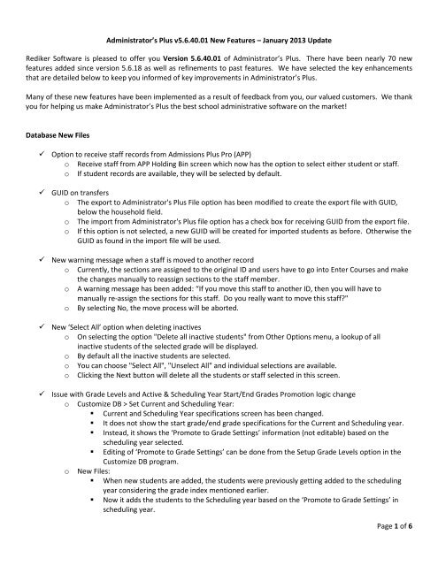 Administrator's Plus Version 5.6.40 New Features Sheet - Rediker ...