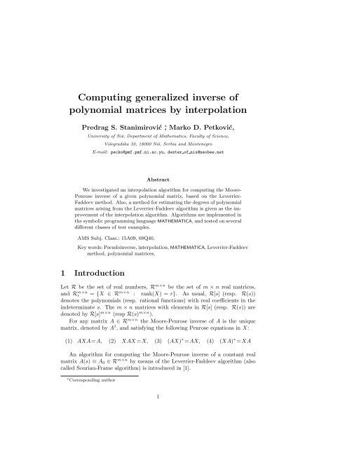 Computing generalized inverse of polynomial matrices by interpolation