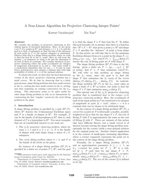 A Near Linear Algorithm For Projective Clustering Integer Points