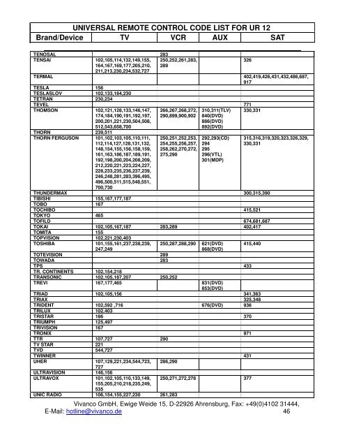 Universal Remote Control Codes List