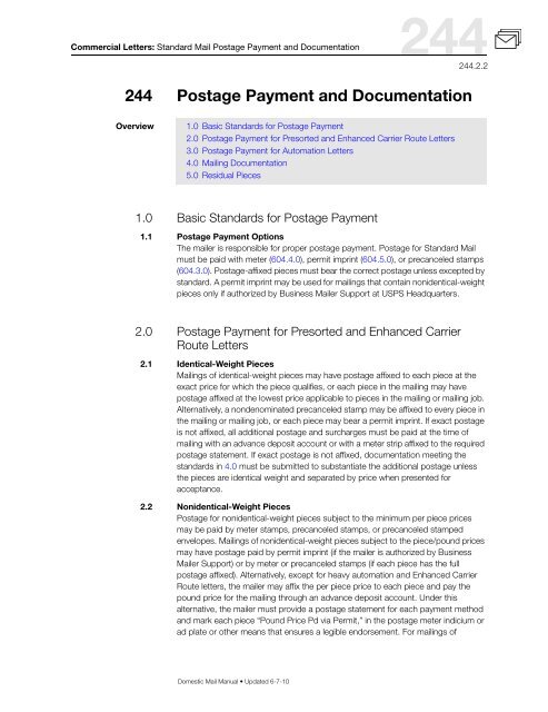 DMM 244 Standard Mail Postage Payment and Documentation for ...