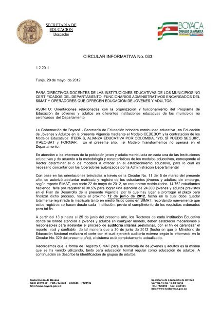 Circular informativa No. 033 - Área Misional - Secretaria de ...