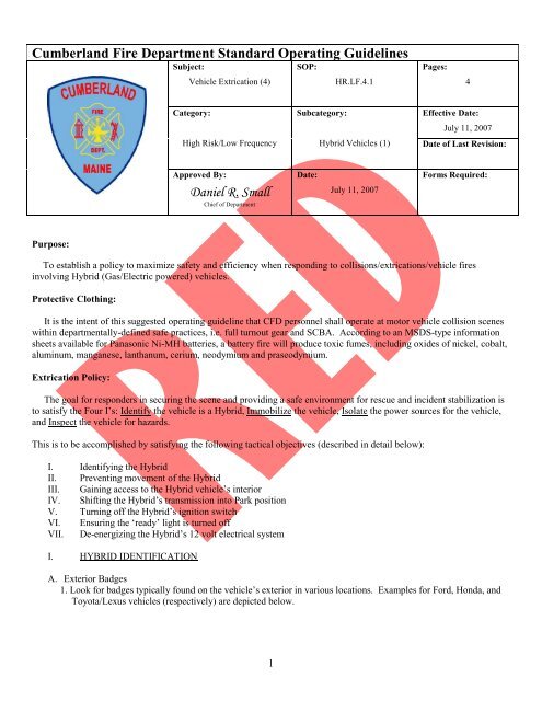 Cumberland Fire Department Standard Operating Guidelines