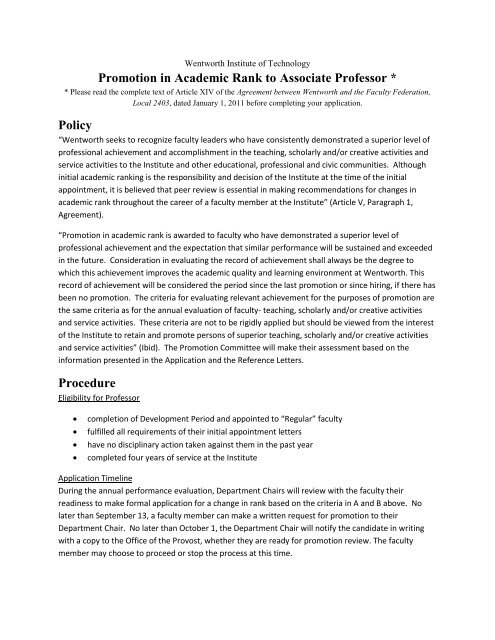 Promotion in Academic Rank to Associate Professor - Wentworth ...