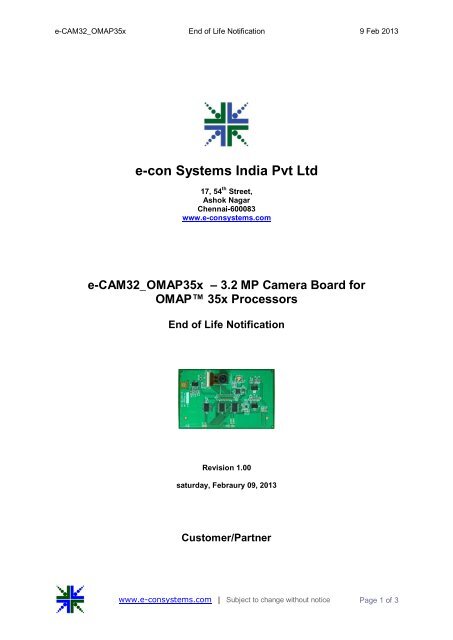 EOL Notification - e-con Systems