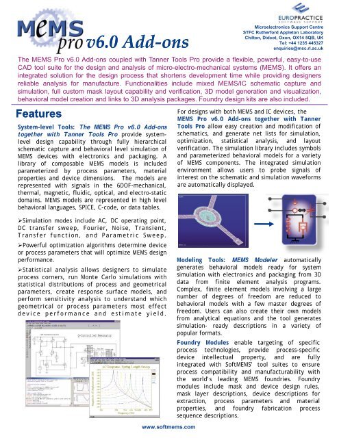 SoftMEMS MEMS Pro datasheet - Europractice