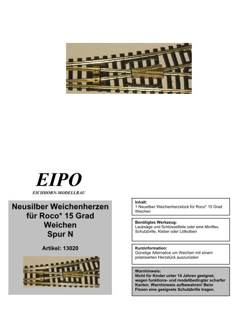 Neusilber Weichenherzen für Roco* 15 Grad Weichen Spur N