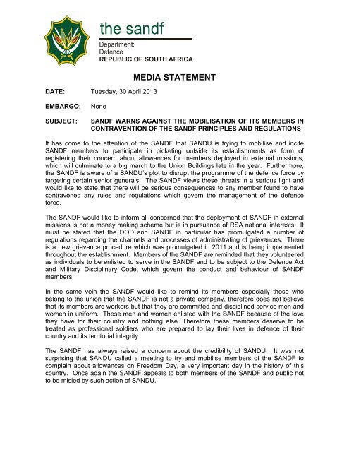 SANDF warns against the mobilisation of its members in ...