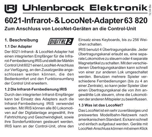 6021-Infrarot- & LocoNet-Adapter 63 820 - Uhlenbrock