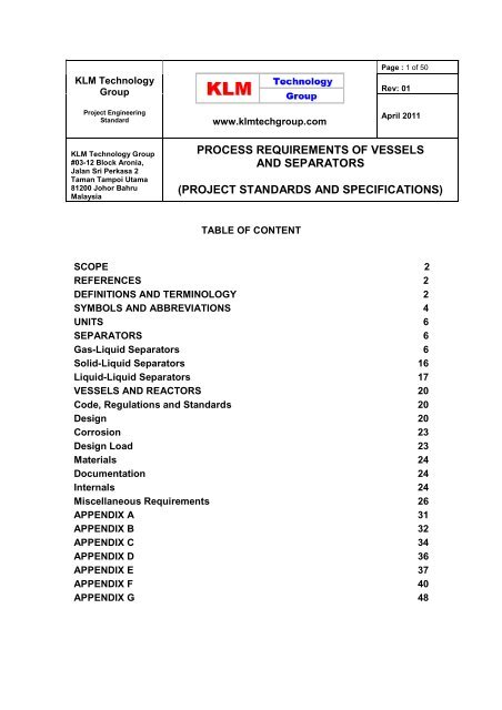 process requirements of vessels and separators - KLM Technology ...