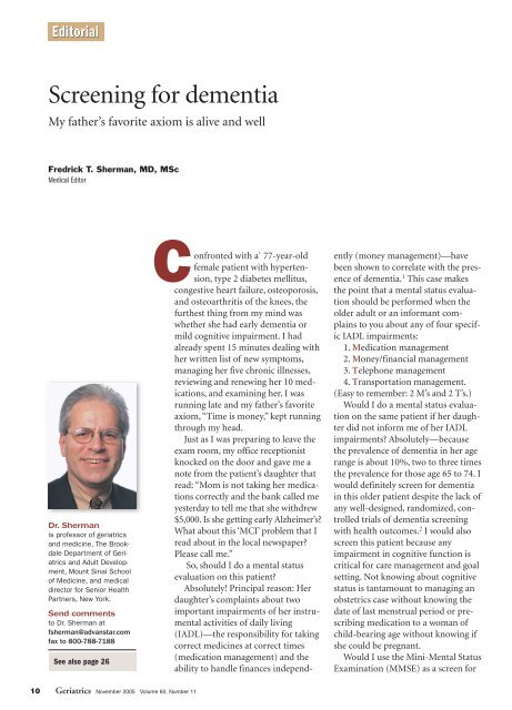 Sherman FT. Screening for dementia. My father's ... - Medafile.com