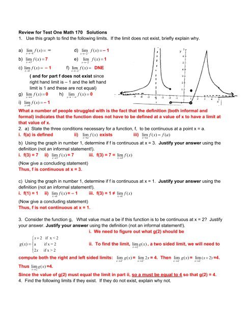 Review for Test One Math 170 Solutions 1. Use this graph to find the ...