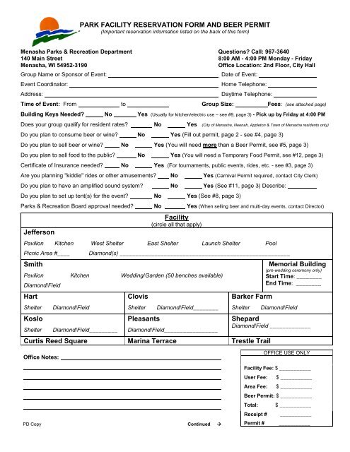 PARK FACILITY RESERVATION FORM - the City of Menasha!