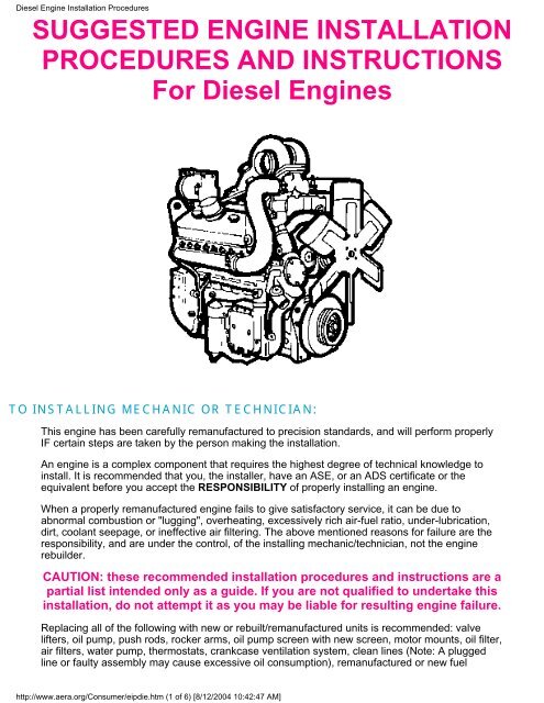 Diesel Engine Installation Procedures - Aera