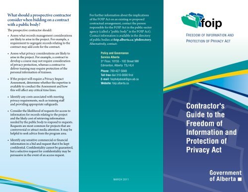 Contractors' Guide to the FOIP Act (brochure) - Service Alberta