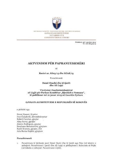 AKTVENDIM PER PAPRANUESHMERI - Gjykata Kushtetuese AKTVENDIM PER PAPRANUESHMERI - Gjykata Kushtetuese