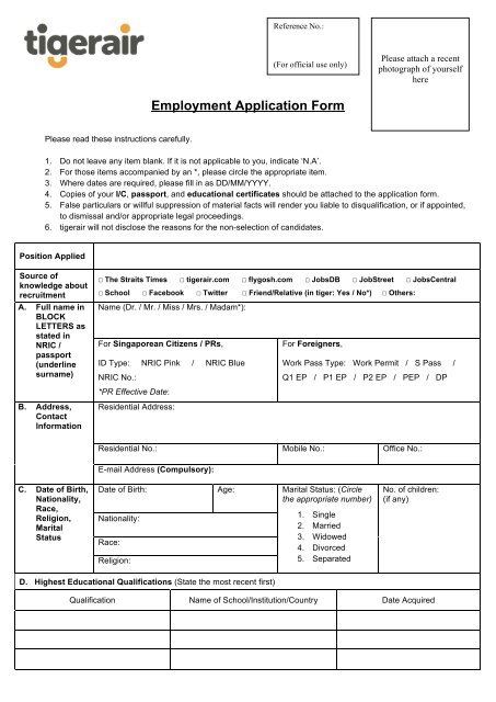 Employment Application Form - Tiger Airways
