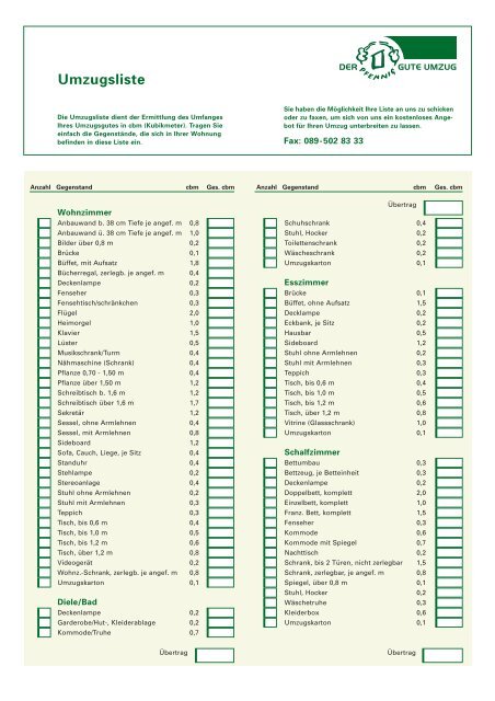 Umzugsliste - Umzugsfirma Der Pfennig Gute Umzug