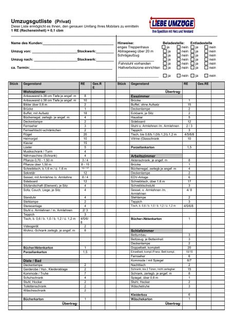 Umzugsgutliste (Privat) - Liebe Umzüge