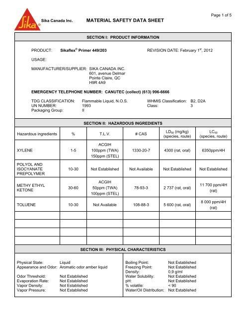 Material Safety Data Sheet - Northland Construction Supplies