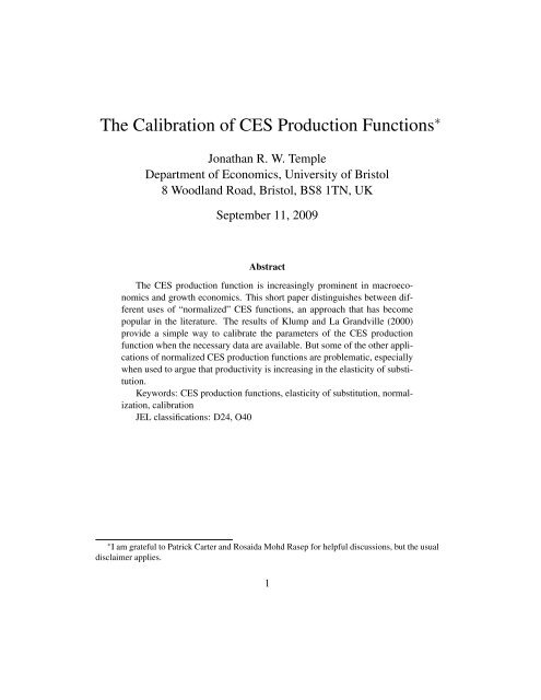 The Calibration of CES Production Functions - University of Bristol