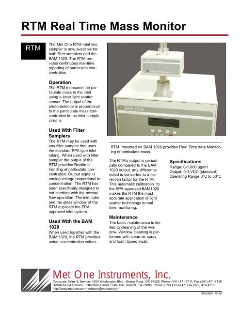 RTM Real Time Mass Monitor - Met One Instruments