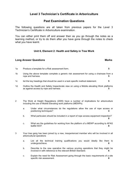 Level 3 Technician's Certificate in Arboriculture Past Examination ...