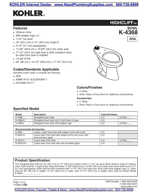 Kohler K-4368-L Spec Sheet - NeedPlumbingSupplies.com