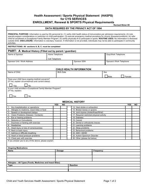 Health Assessment / Sports Physical Statement ... - Fort Bliss MWR