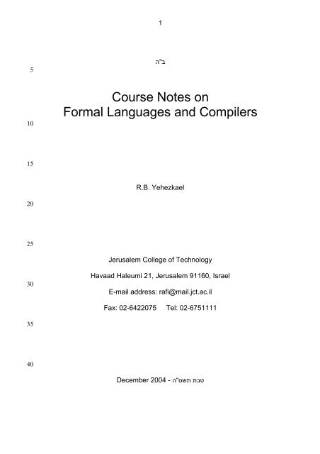 Course Notes On Formal Languages And Compilers