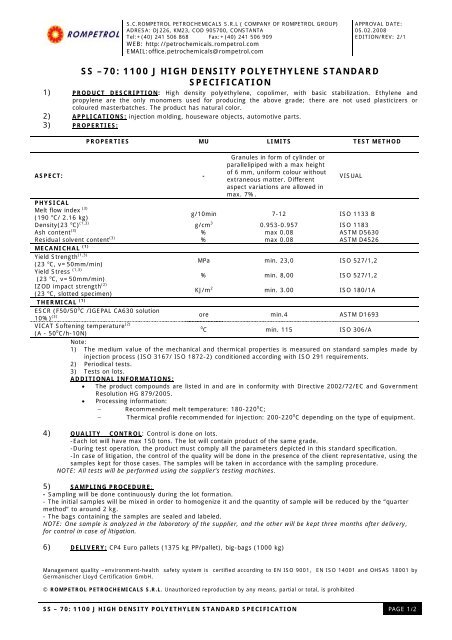 ss â€“70: 1100 j high density polyethylene standard specification