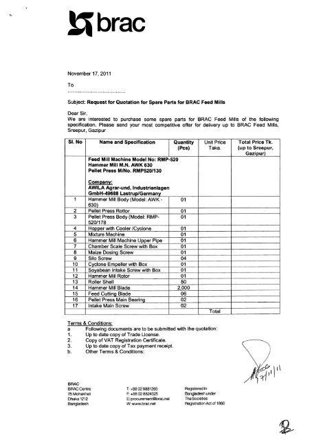 Quotation for Machinery & Spars for Animal Feed Mill - Brac