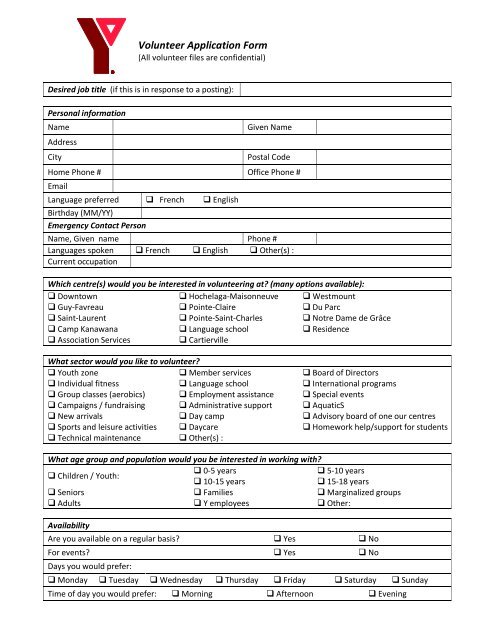 Volunteer Application Form - YMCA