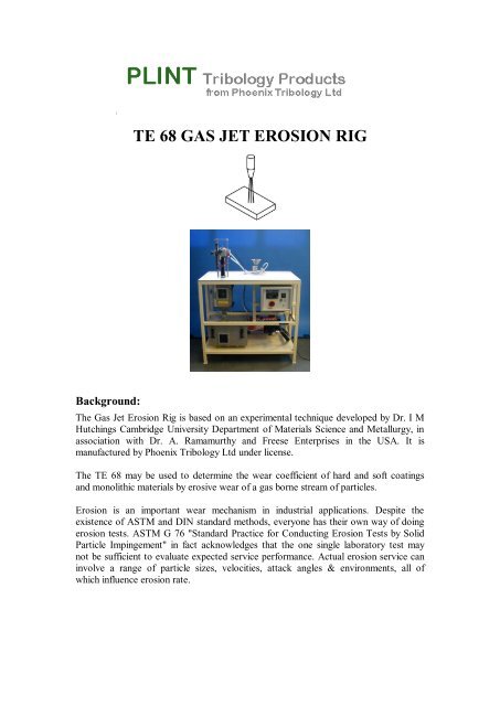 TE 68 GAS JET EROSION RIG - Phoenix Tribology Ltd