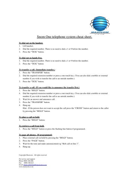 Snom One telephone system cheat sheet. - Maxicom
