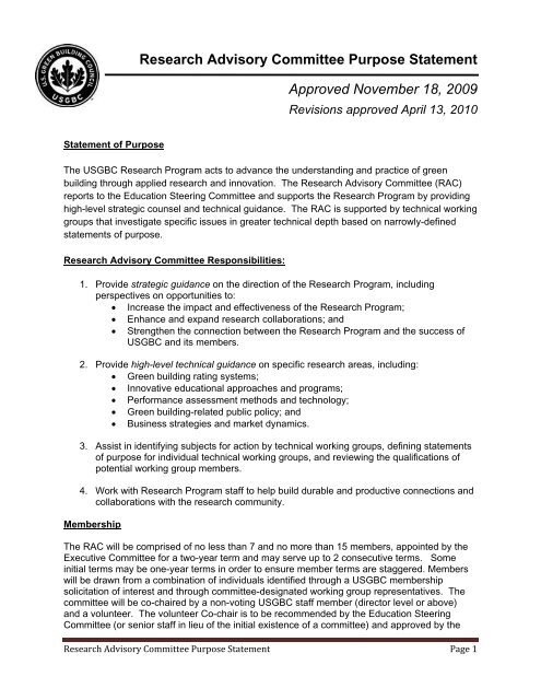 Research Advisory Committee Purpose Statement - US Green ...