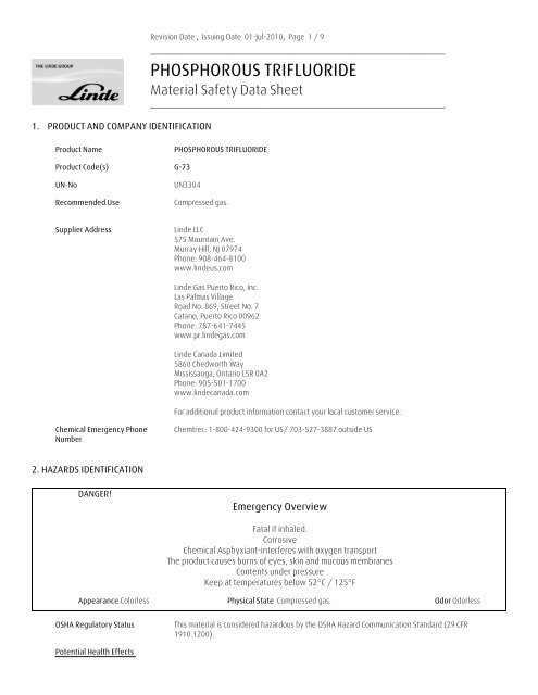 phosphorous trifluoride - (MSDS) - Linde Gases