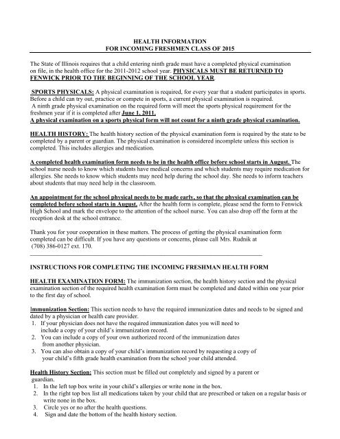 MEDICAL EXAMINATION FORM - Fenwick High School