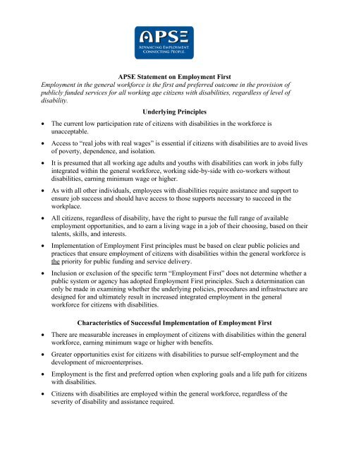 APSE: Employment First Definition and Principles